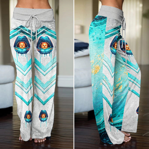 Abstract Cyan Skull Lip Women's High-waisted Wide Leg Pants – Wonder Skull