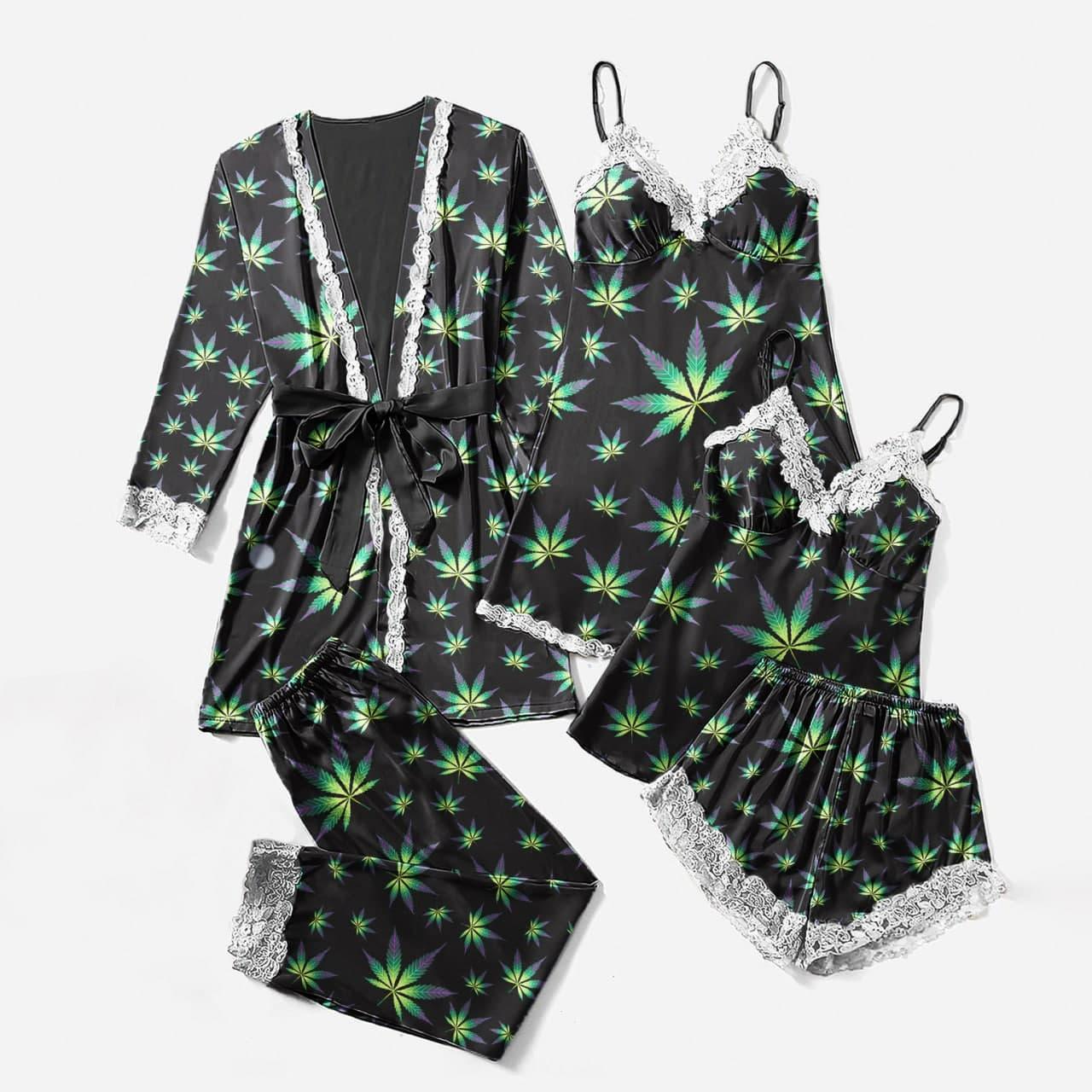 Cannabis Women Set 5pc Pajamas Set Sexy Silky Lace Thin Sleep Pants Ni ...